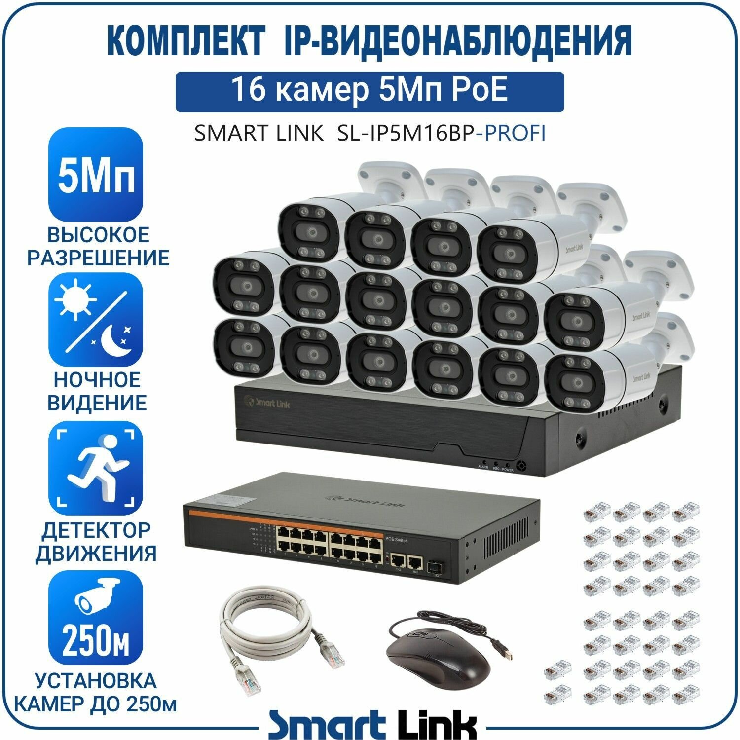 Уличный комплект PoE IP-видеонаблюдения 5Мп, 16 камер, запись на HDD, с удалённым просмотром. Smart Link SL-IP5M16BP-P