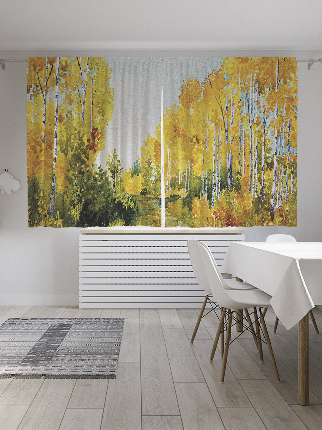 Фотошторы короткие "Дорога среди берез", 2 полотна шириной по 145 см, высота 180 см, JoyArty