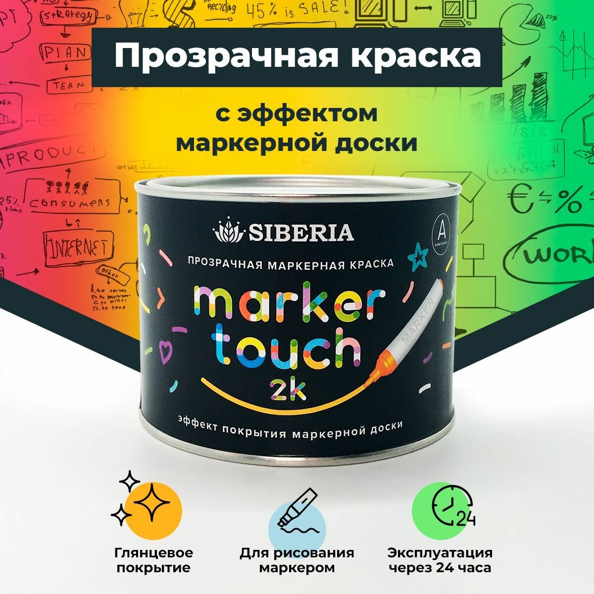 Маркерная краска для стен с эффектом маркерной доски Siberia Marker Touch 2K прозрачная, набор на 3 кв. м 0,26 л