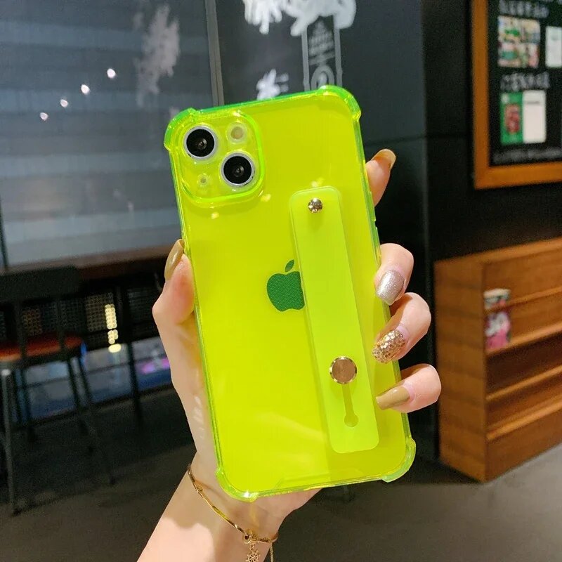 Чехол на iPhone 14 Pro Max, флуоресцентный желтый, с ремешком