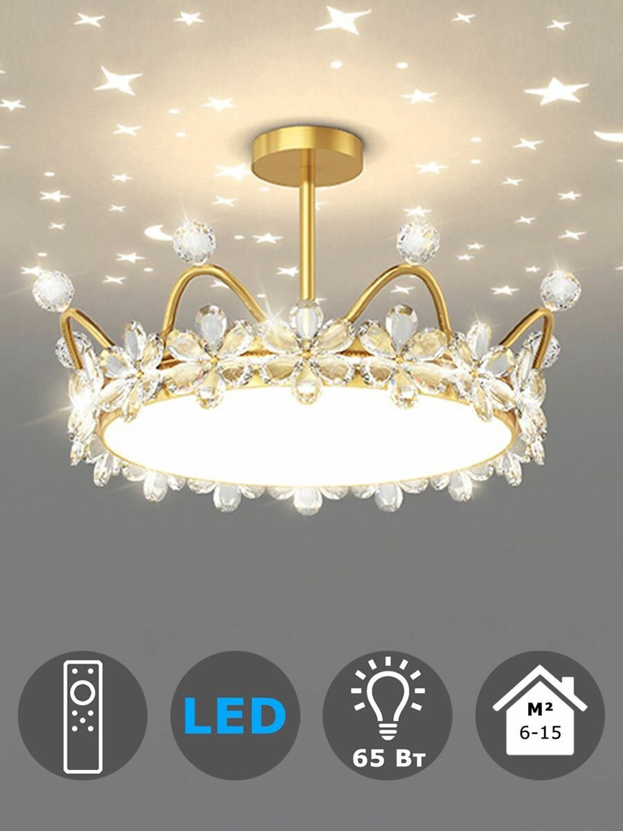 Подвесной светильник, Люстра подвесная хрустальной, диммируемая с пультом, эффектом проекции звездного неба, форма короны, светодиодный, "Yitang-8061"