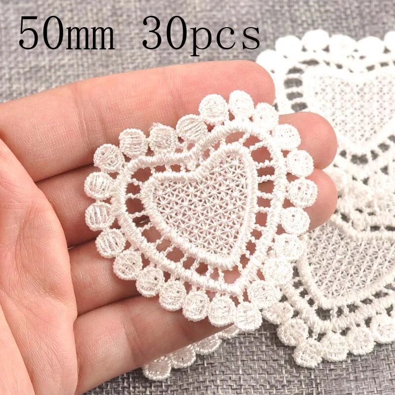 Кружевная аппликация сердце 50mm, 30шт, белая