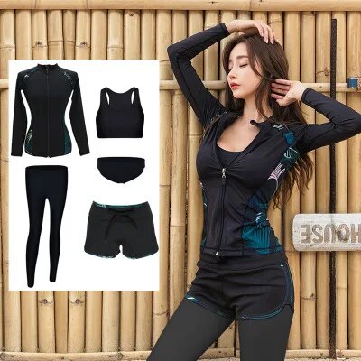 Женский раздельный гидрокостюм из полиэстера Черный, L, Women 5Pcs Set green