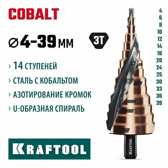 Сверло ступенчатое, азотирование, винтовая спираль, KRAFTOOL COBALT 4-39 мм, 14 ступеней