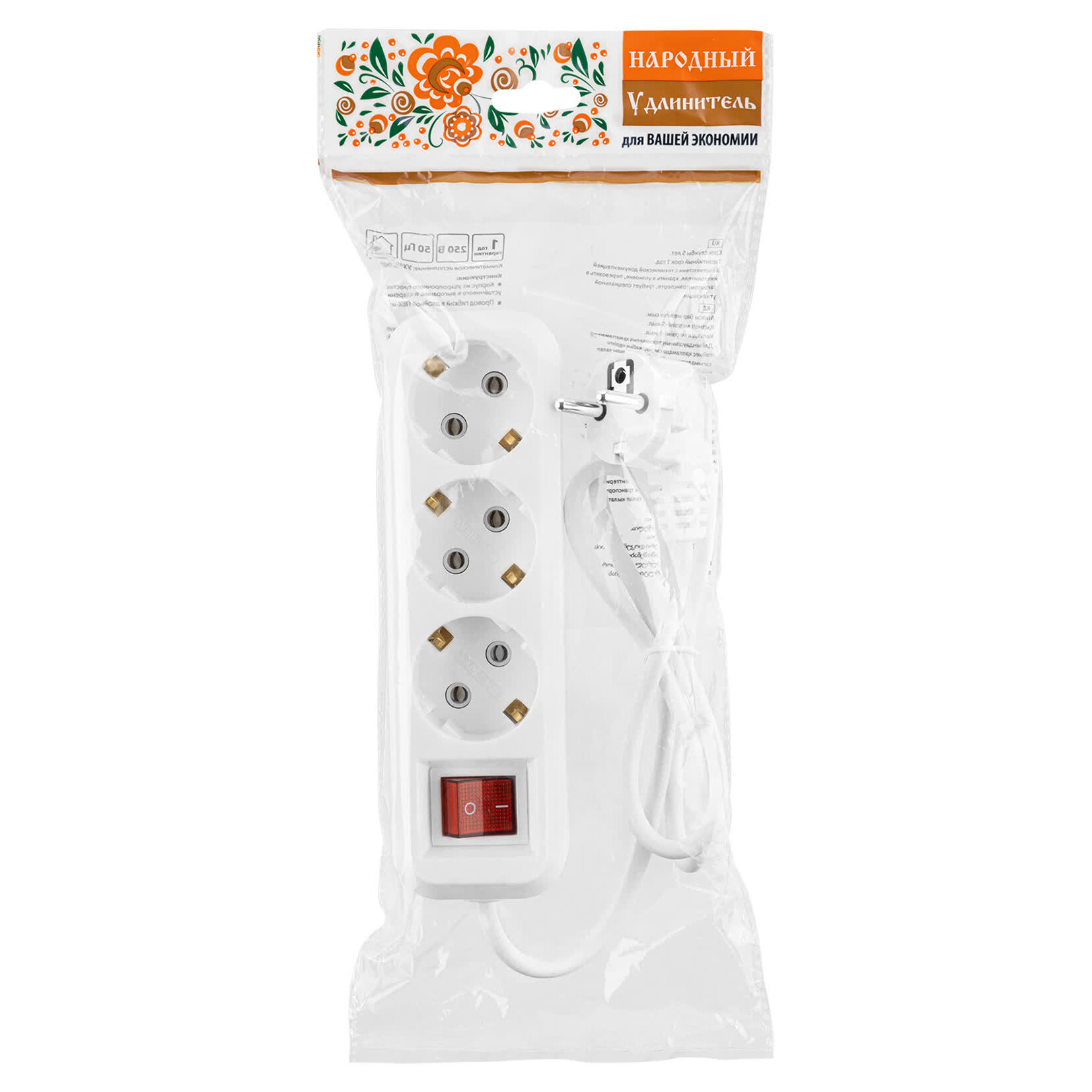 Удлинитель 3 гнезда, 5 метров, с/з, выкл, 16 А, 3680 Вт, белый, народный У1-33058, TDM SQ1303-1422 (1 шт.)