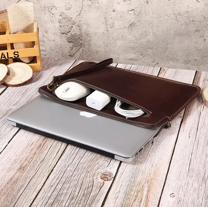 Чехол DOULALA, для MacBook, натуральная кожа, карманы на молнии