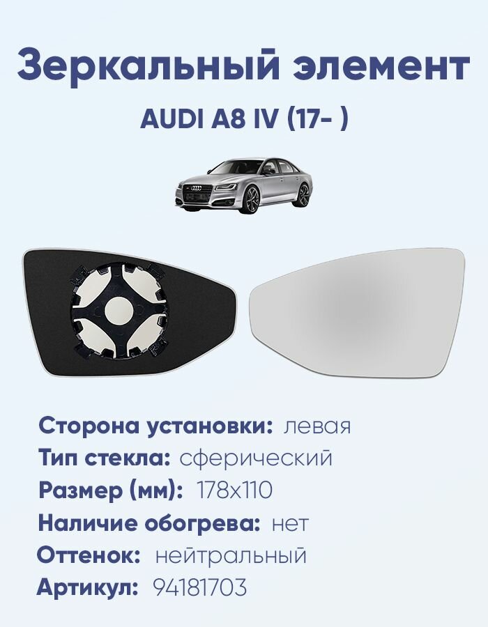 Зеркальный элемент левый AUDI A8 IV (17- ) сфера нейтральный без обогрева