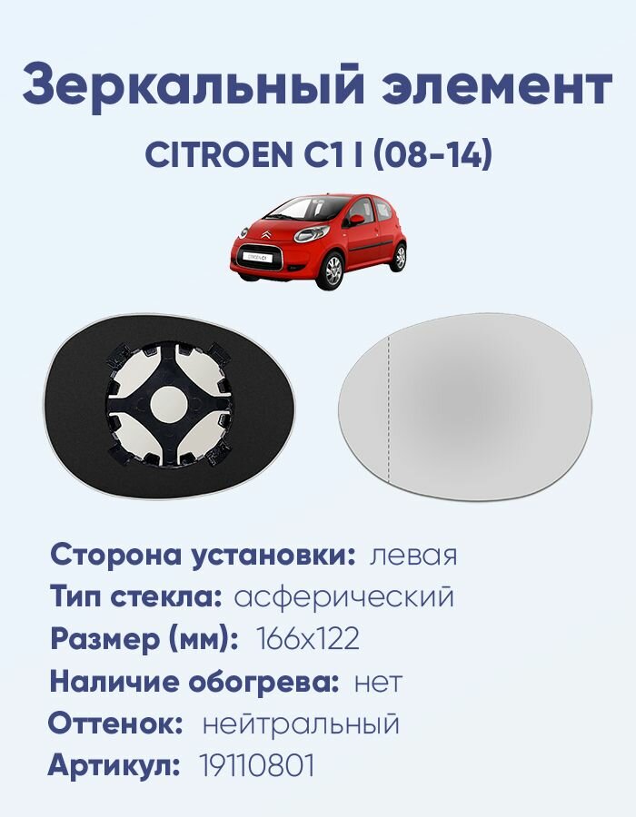 Зеркальный элемент левый CITROEN C1 I (08-14) асферика нейтральный без обогрева