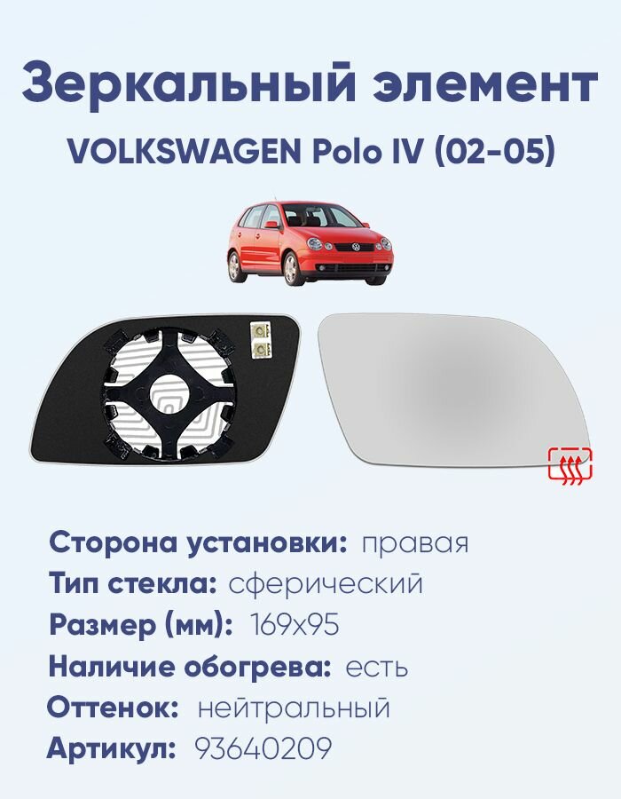 Зеркальный элемент правый VOLKSWAGEN Polo IV (02-05) сфера нейтральный с обогревом