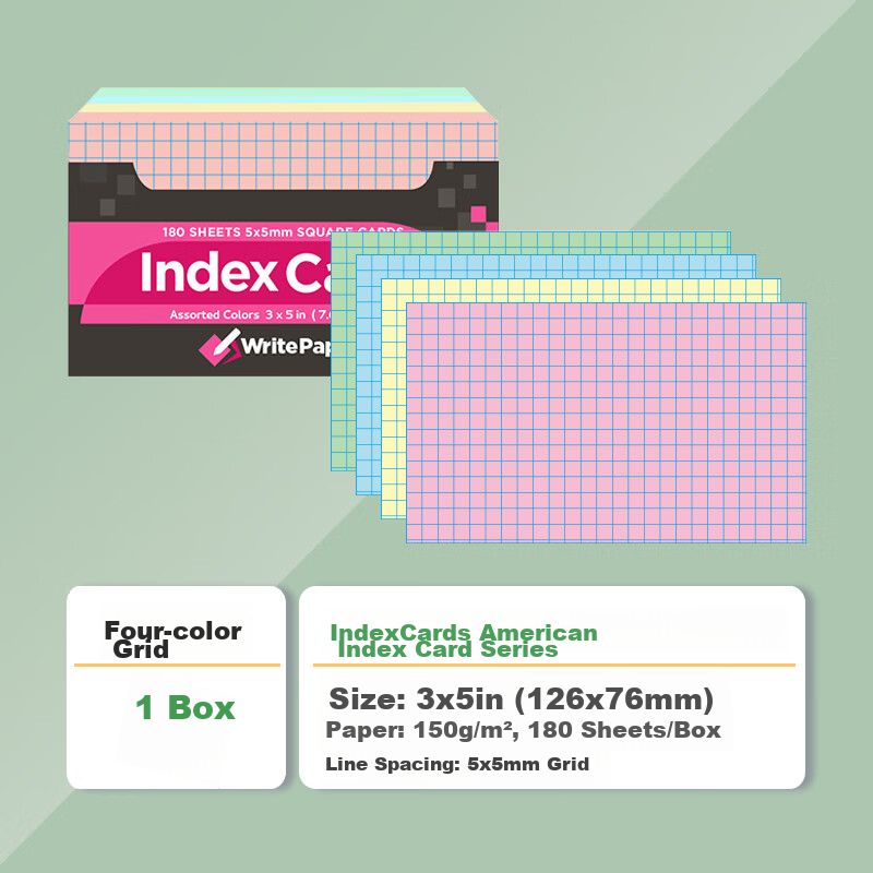 KAISA Index Cards, 180 Pieces, Four Colors, Sticky Notes, Record Cards, Classification Labels, Grid Cards, English Vocabulary Learning Cards, KS-5354