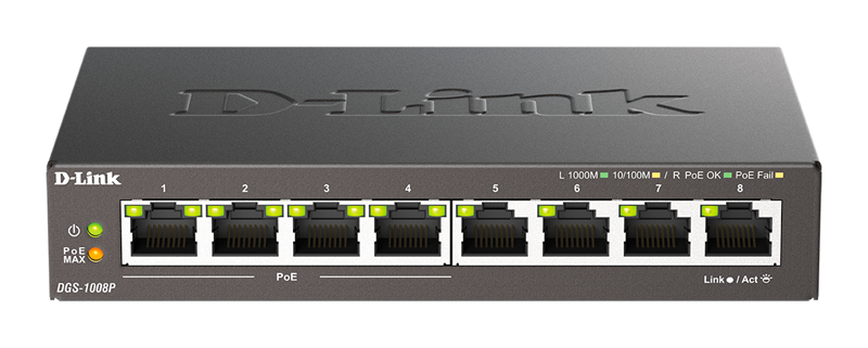 Коммутатор D-Link Неуправляемый PoE-коммутатор, 8x1000Base-T (4x1000Base-T PoE), PoE-бюджет 80 Вт, корпус металл