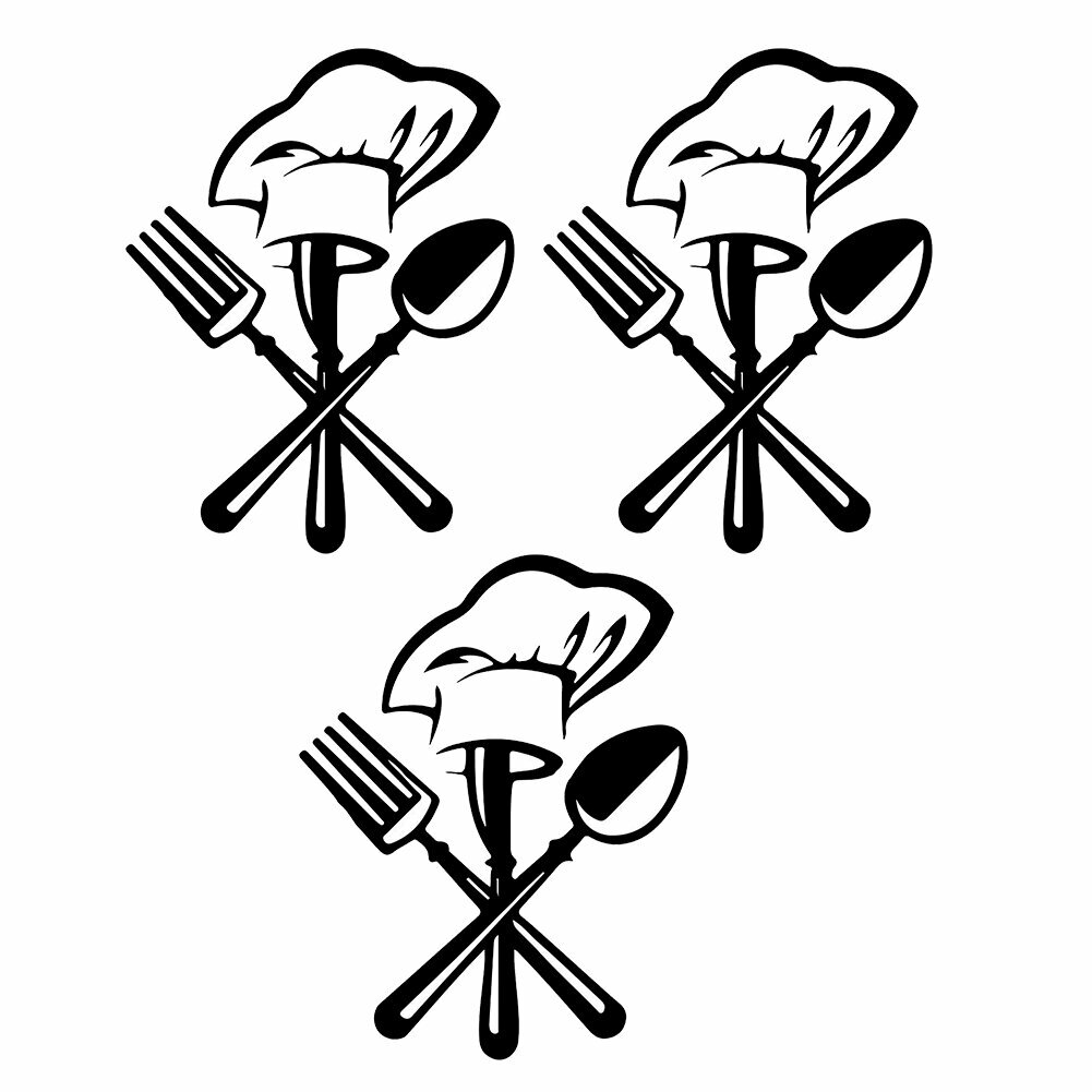 Наклейка на стену с изображением столовых приборов, ножа, вилки, поварского колпака для кухни и ресторана.