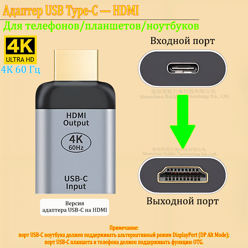 Адаптер USB-C на HDMI, 4K 60 Гц, алюминиевый сплав, адаптер для ноутбука, телефона, планшета, MacBook, Dell, Surface