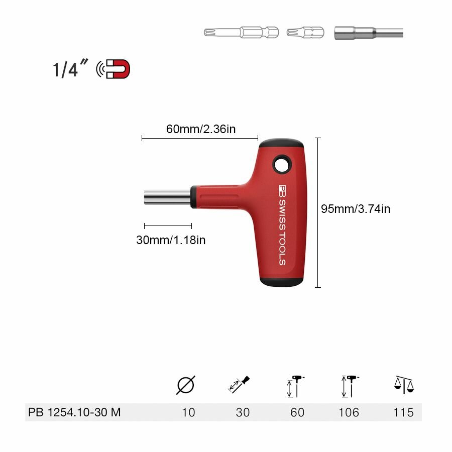 PB Swiss Tools, отвертка с Т-образной рукояткой, магнитные сменные биты 1254.10-30 M