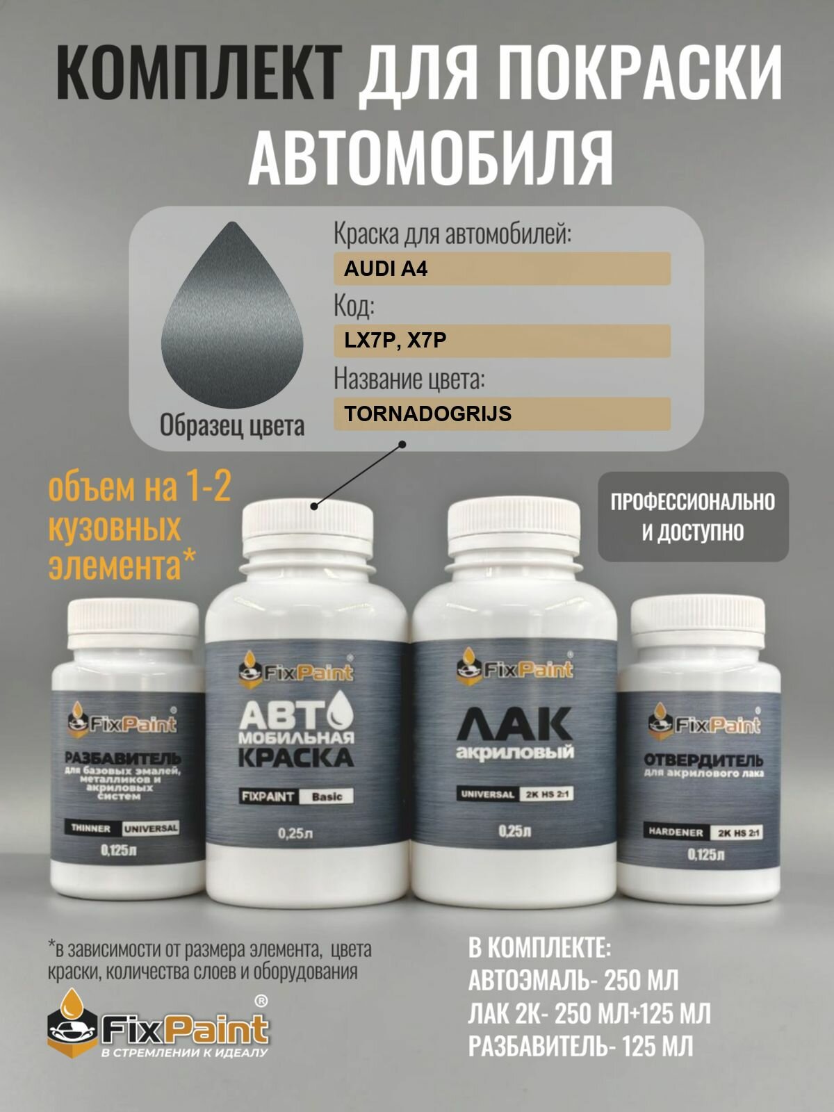 Комплект для покраски AUDI A4, код LX7P, X7P, TORNADOGRAU, базовая автомобильная эмаль 250 мл, лак 2K 250 мл с отвердителем, разбавитель 125 мл, FixPaint Pro