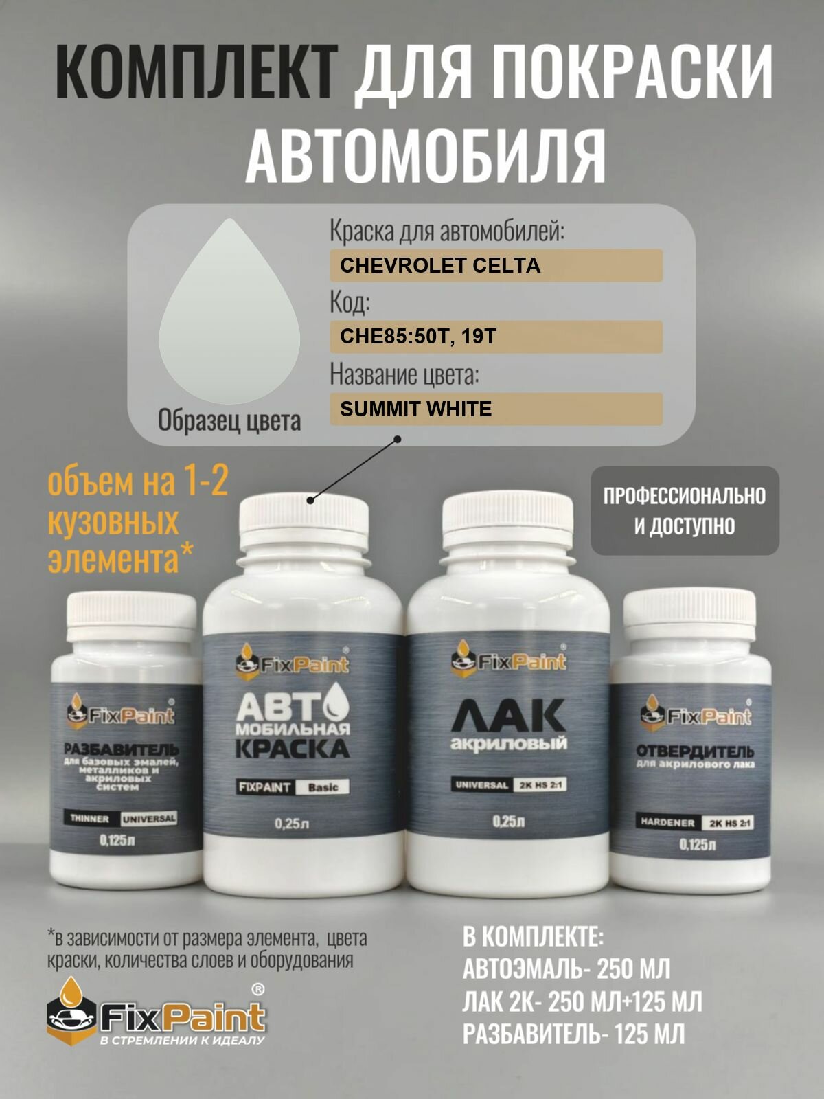 Комплект для покраски CHEVROLET CELTA, код CHE85:50T, 19T, SUMMIT WHITE, базовая автомобильная эмаль 250 мл, лак 2K 250 мл с отвердителем, разбавитель 125 мл, FixPaint Pro