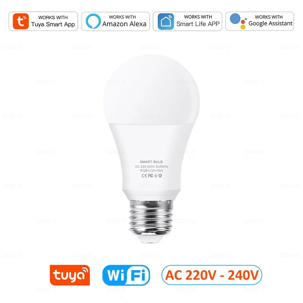 Умная LED лампа WiFi 220V, RGB, CW, WW, 15 Вт