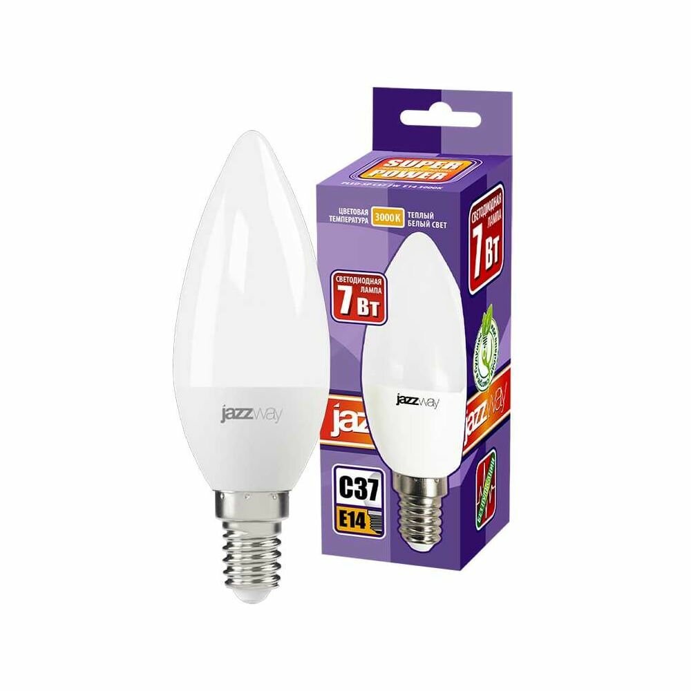 Лампа светодиодная PLED-SP 7Вт C37 свеча 3000К тепл. бел. E14 530лм 230В JazzWay 1027818-2