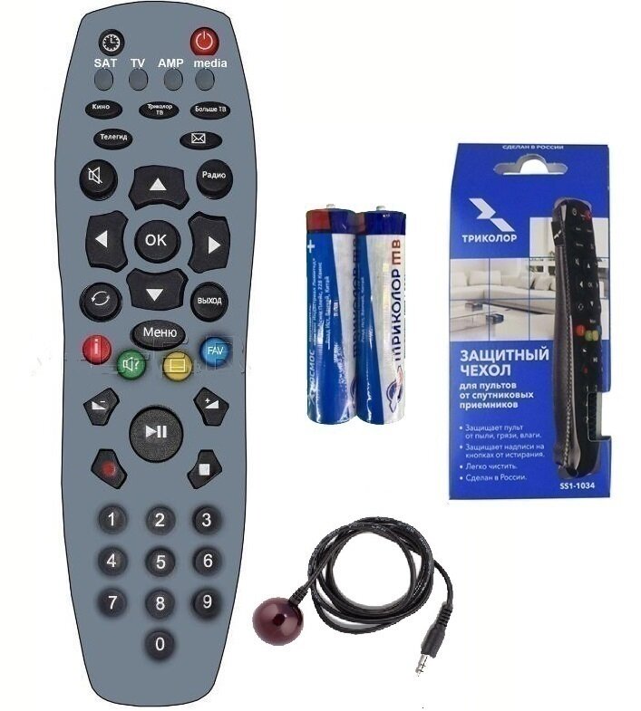 Пульт обучаемый для приставки Триколор с защитным чехлом, выносным ИК-датчиком и батарейками