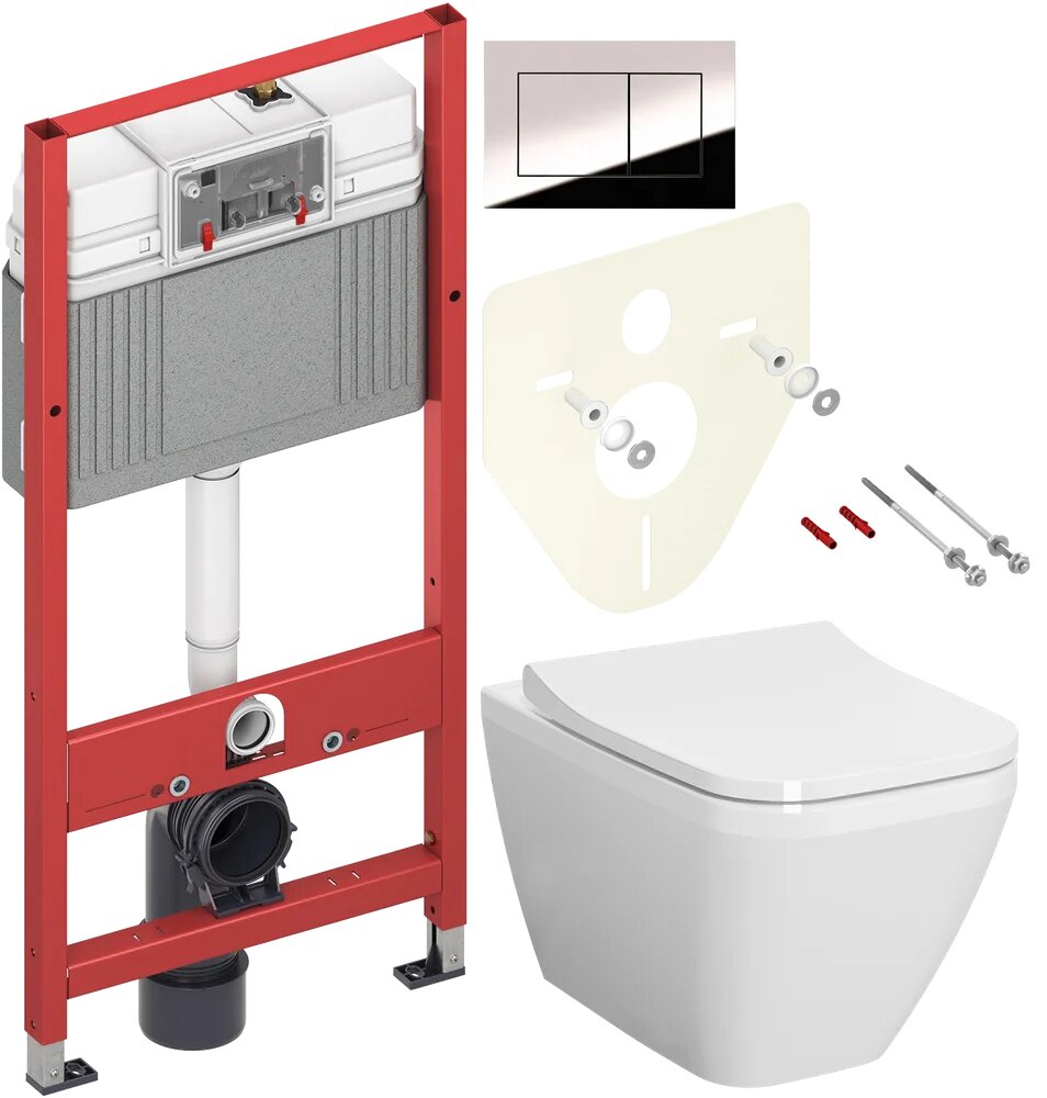Комплект 3 в 1 Унитаз подвесной VitrA Integra Square 7082B003-0075 / Сиденье Integra Square 191-003-009, с микролифтом / Инсталляция с кнопкой TECE Now 9400412 цвет хром
