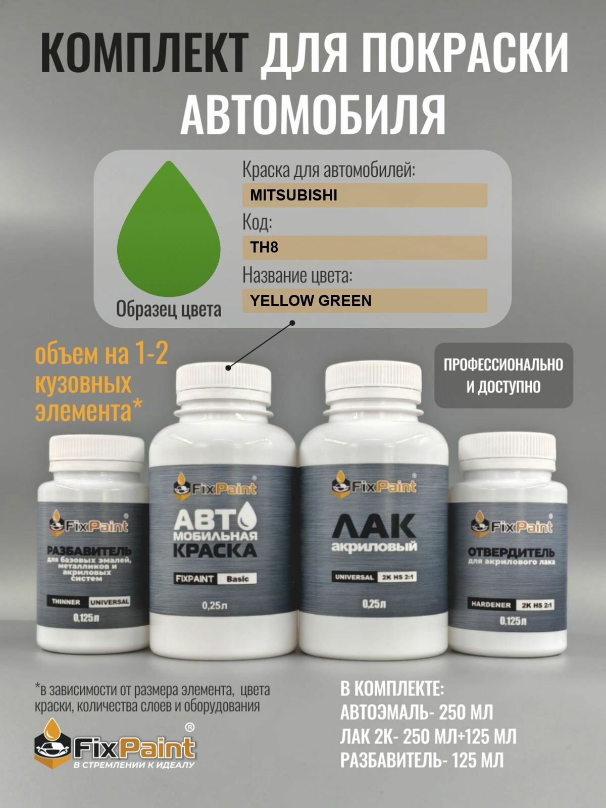 Комплект для покраски MITSUBISHI, код TH8, YELLOW GREEN, базовая автомобильная эмаль 250 мл, лак 2K 250 мл с отвердителем, разбавитель 125 мл, FixPaint Pro