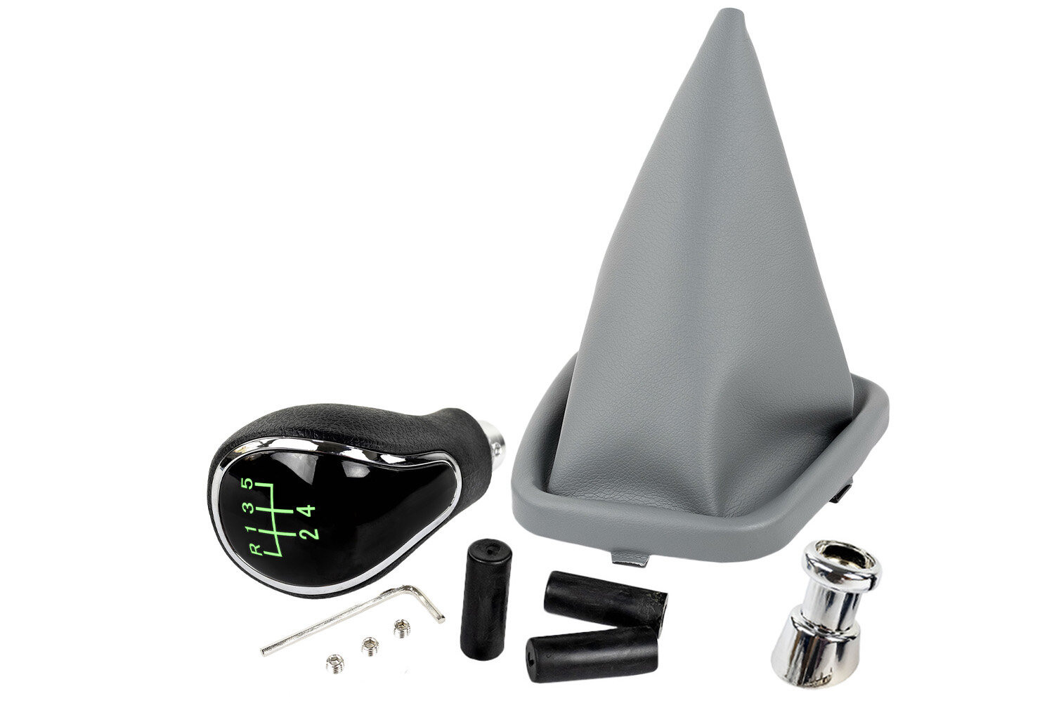 Ручка КПП хром, зеленая подсветка Sal-Man с серым пыльником на ВАЗ 2110, 2111, 2112