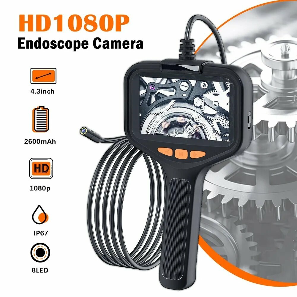 Эндоскоп автомобильный, 4.3" IPS, 1080p, водонепроницаемый, 2м, для осмотра дренажа/канализации