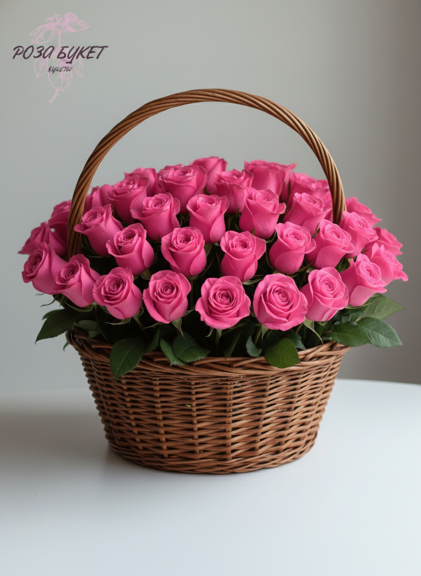 Букет цветов, букет из розовых роз 51 шт в корзине, премиум цветы, плетеная коричневая корзина, долгий букет