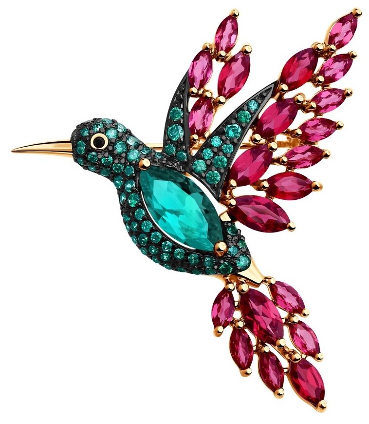 Брошь, красное золото, 585 проба, фианит, родолит, турмалин