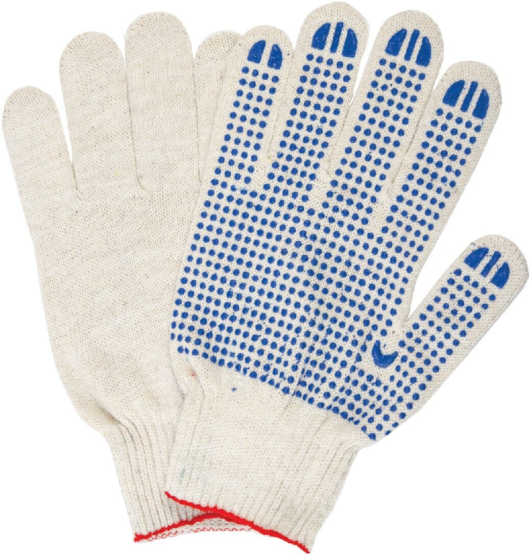 Перчатки хлопчатобумажные, комплект 5 пар, 10 класс, 40-42 г, 116 текс, ПВХ-точка, лайма люкс, белые, 604469