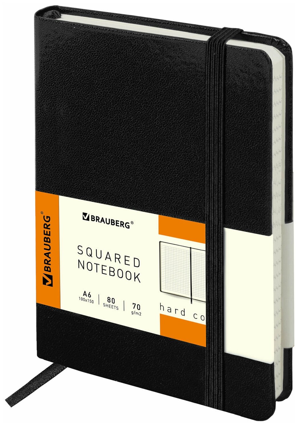 Блокнот малый (100x150 мм) А6, BRAUBERG "Metropolis", балакрон, резинка, клетка, черный, 111589 (цена только за 1 шт.)