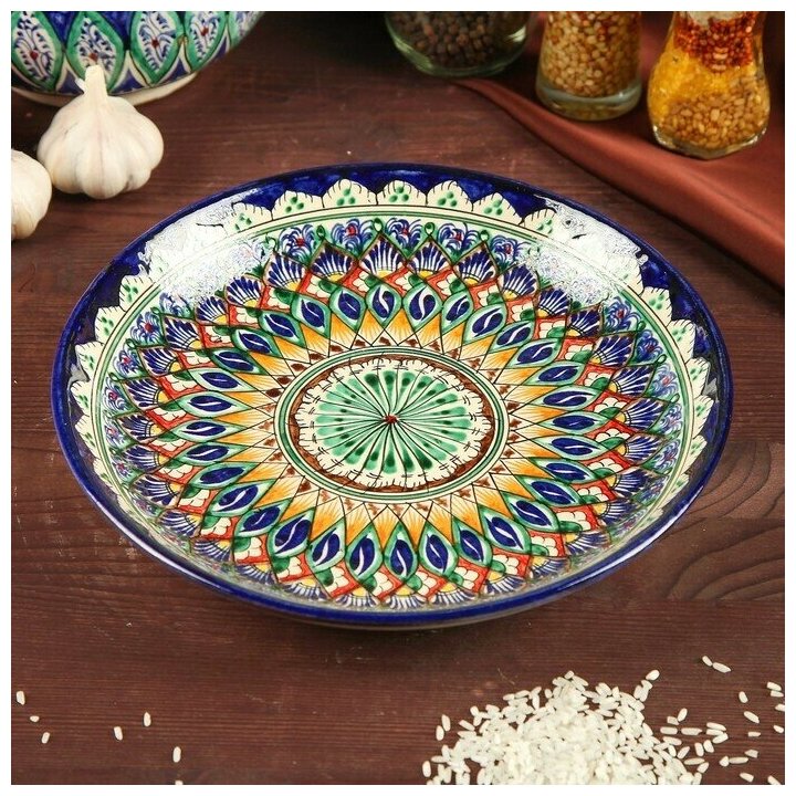 Ляган круглый, диаметр 24,5 см, блюдо из керамики, узбекская посуда, тарелки для сервировки