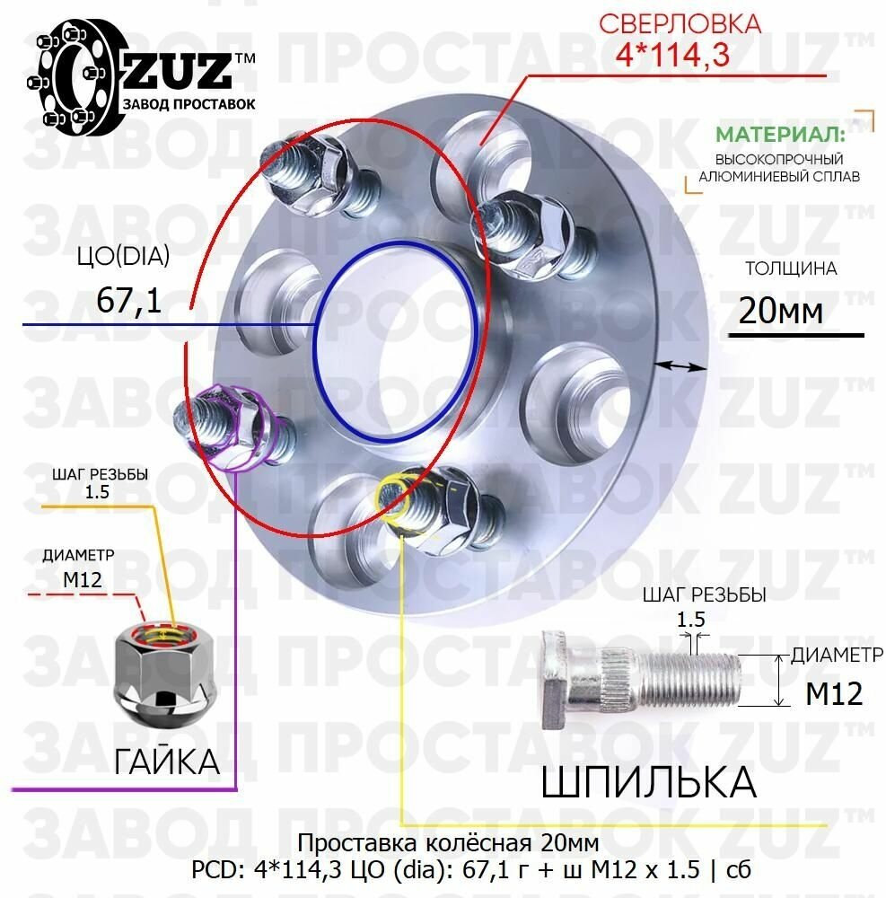 Проставка колёсная 1 шт 20мм 4*114,3 ЦО 67,1 Крепёж в комплекте Гайка + Шпилька М12*1,5 ступичная с бортиком для дисков 1 шт на ступицу 4x114,3