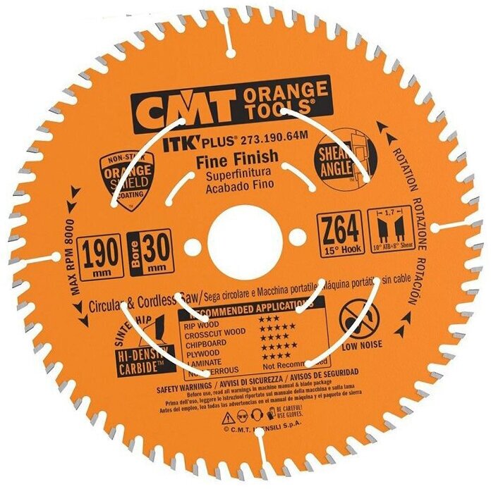 Диск пильный 190X30(+20+16)X1,7/1,1 15гр 10гр ATB + 8гр Z64