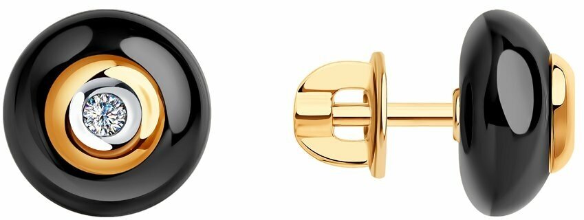 Серьги пусеты, красное золото, 585 проба, керамика, бриллиант
