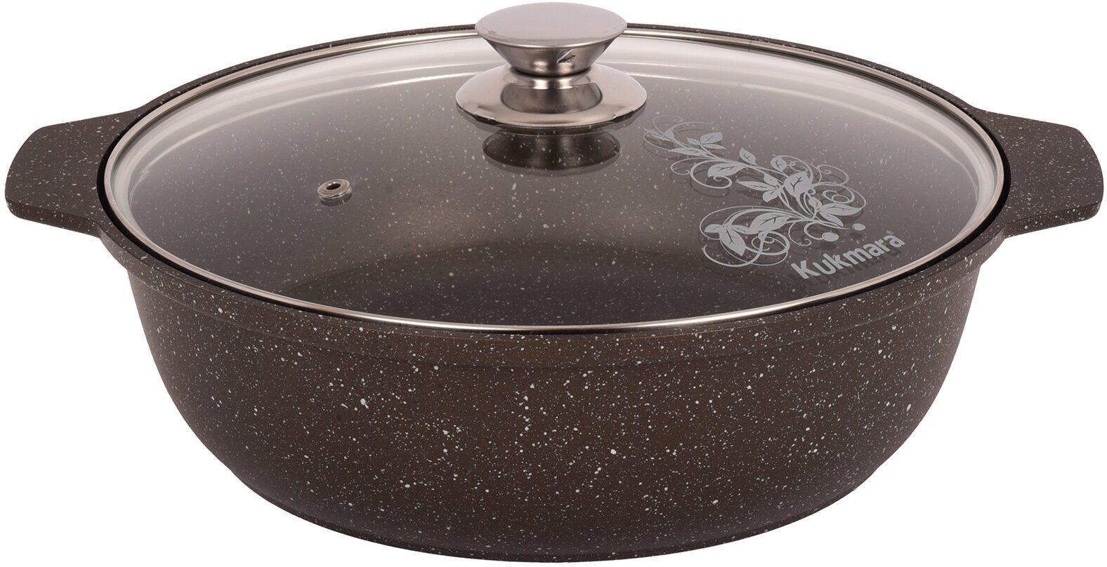Жаровня Kukmara 3л, Мрамор Кофейный, со стеклянной крышкой 26см, литой алюминий, жмк32а