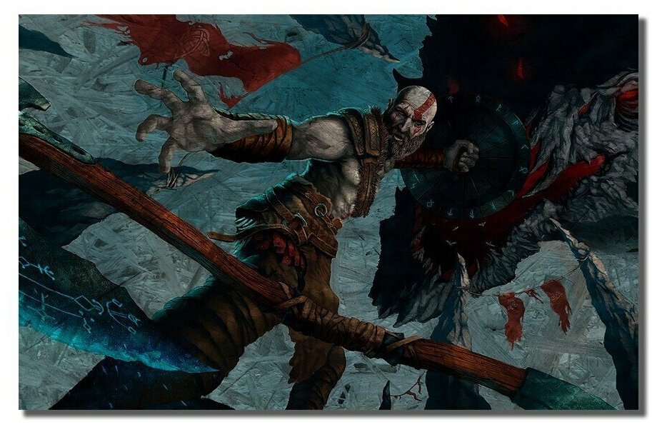 Картина интерьерная на рельефной доске, рисунок игра God Of War Кратос и Атрей - 6559 Г