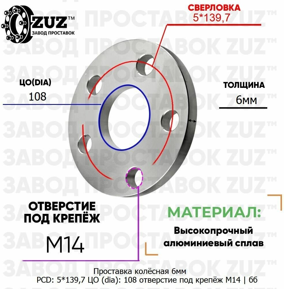 Проставка колёсная 6мм 5*139,7 ЦО108 отв под м14 б/б