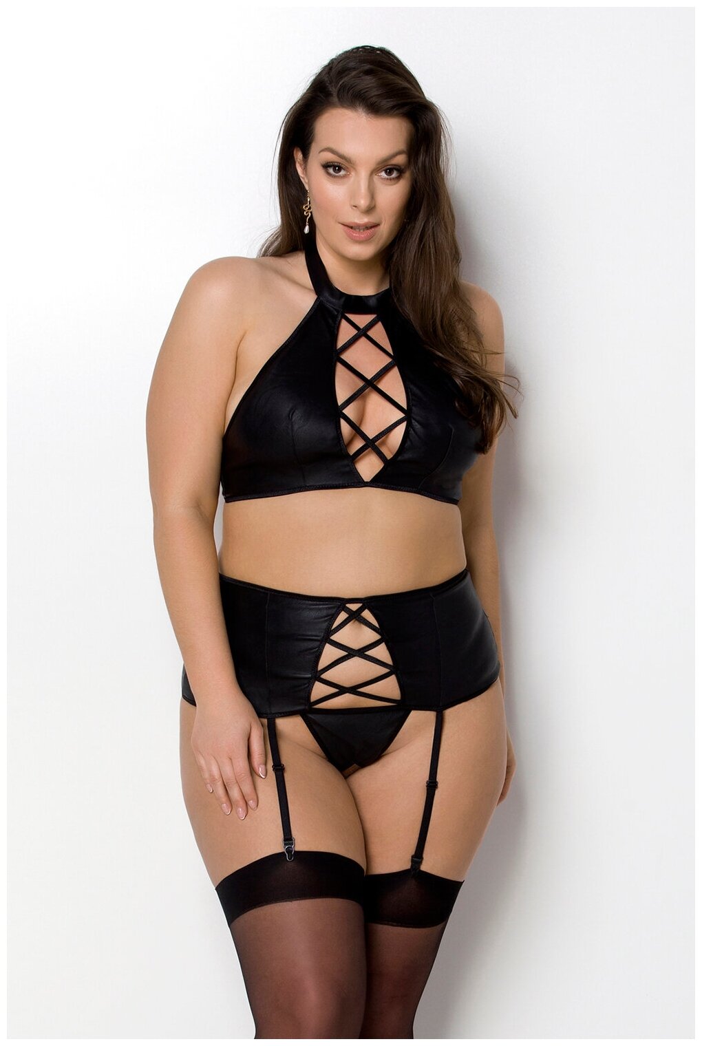 Комплект женского белья PASSION SIZE PLUS Nancy, топ, пояс и трусики, черный (Размер: 4XL/5XL)