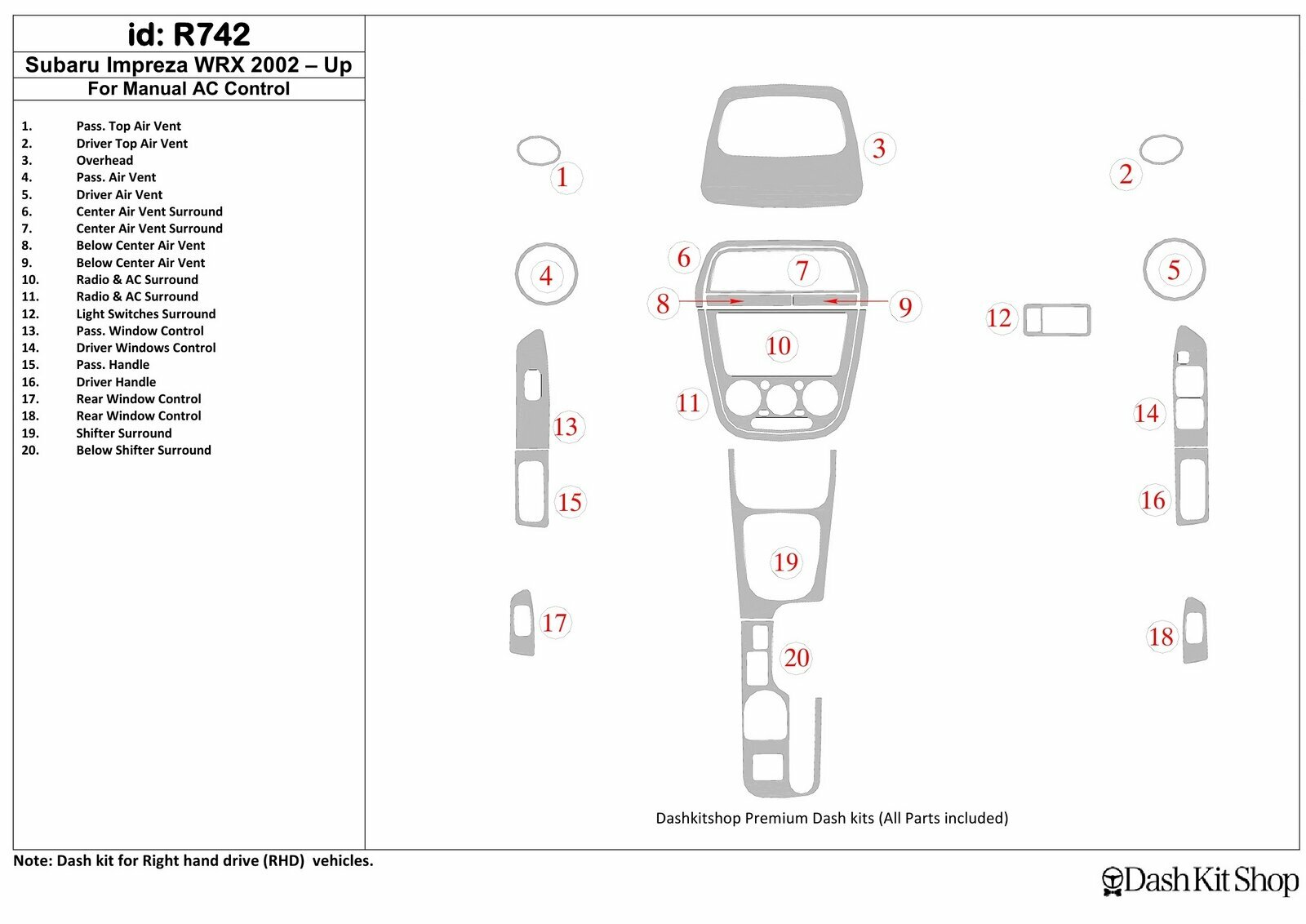 Накладки салона под дерево, карбон, алюминий для Subaru Impreza WRX 2002-2004. Комплект R742.
