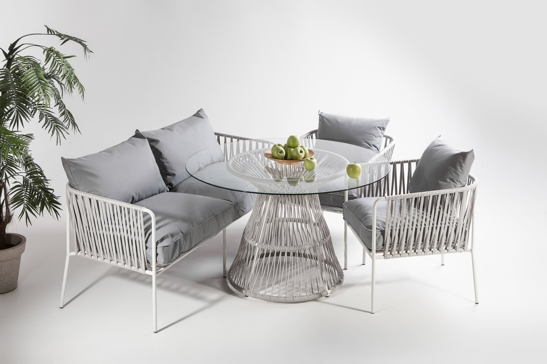 Комплект OLLIA I Outdoor. Круглый стол D120, 2 кресла, 1 диван 4 подушки, лента 24 мм, RAL 9002