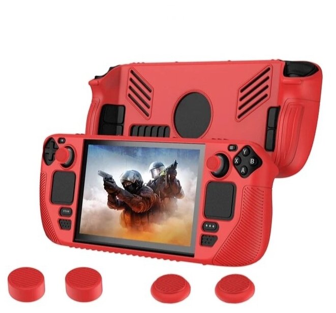 Чехол для Steam Deck силиконовый полного покрытия + 4 накладки на стики (красный)
