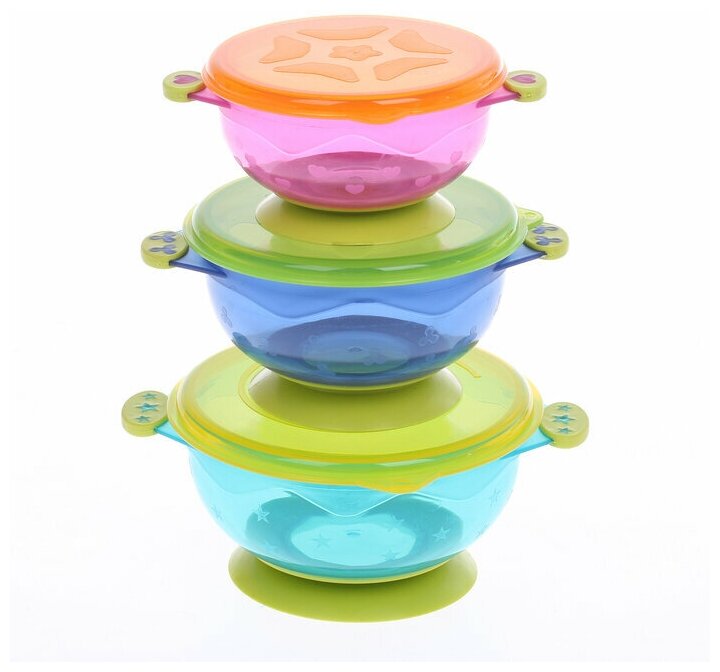 Набор детской посуды: миски на присоске, 3 шт, крышки 3 шт, от 5 мес.