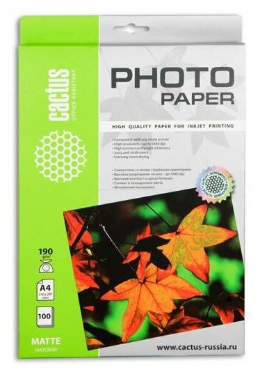 Фотобумага Cactus CS-MA4190100 A4/190г/м2/100л./белый матовое для струйной печати
