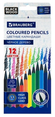 Карандаши цветные BRAUBERG, 12 цветов, черное дерево, грифель мягкий 3.3 мм, 181856