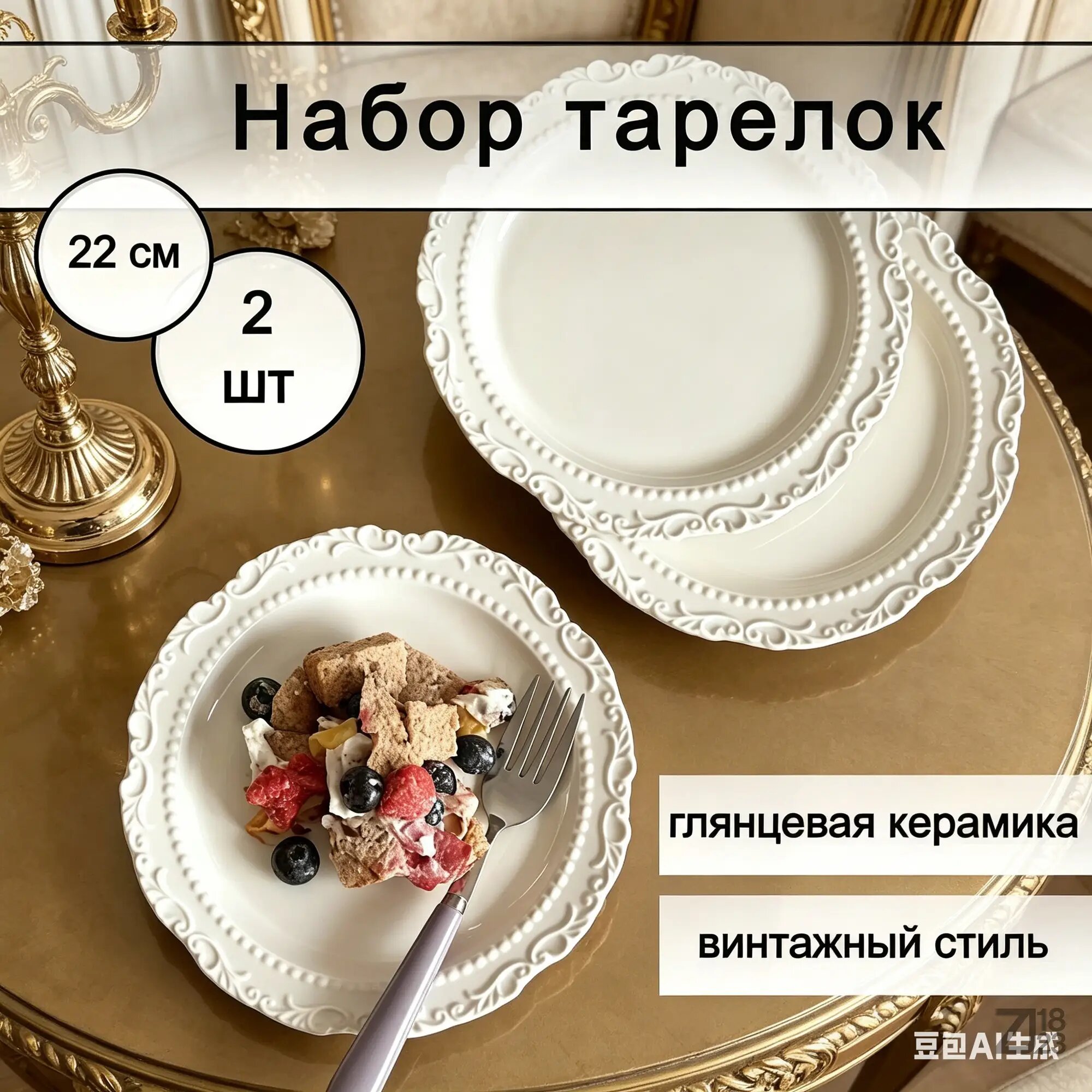 Керамические тарелки, винтажные тарелки, набор тарелок 22 см, рельефные тарелкикерамика, узор, белые, набор 2шт, 22см