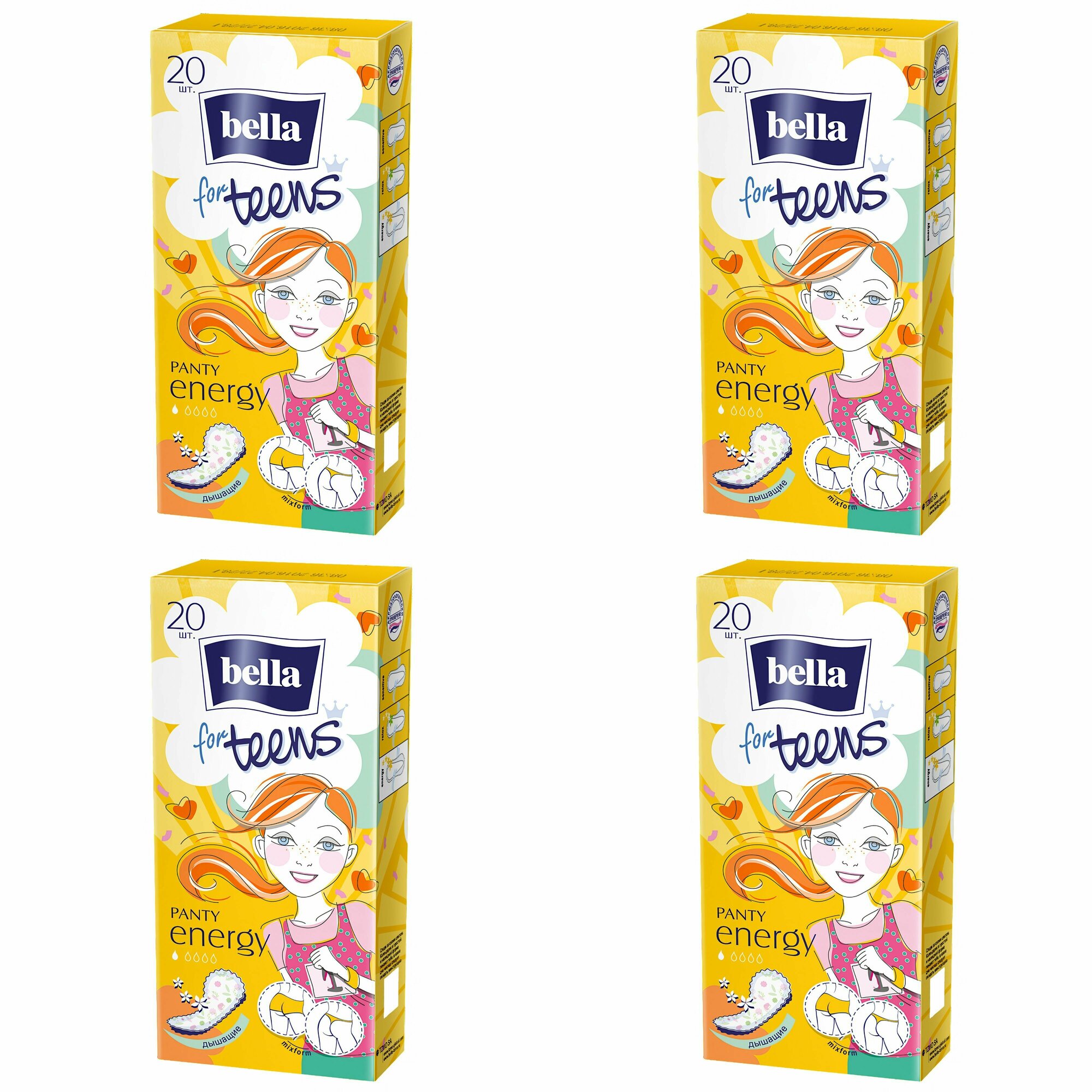BELLA Прокладки ежедневные экстратонкие FOR TEENS Energy deo, 20 шт, 4 уп.