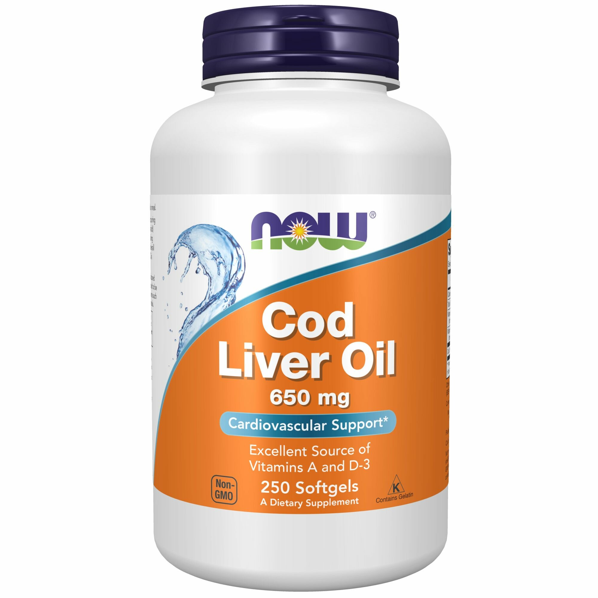 NOW Cod Liver Oil 650 mg, масло печени трески, здоровье сердца, костей, кожи и зрения, 250 капсул