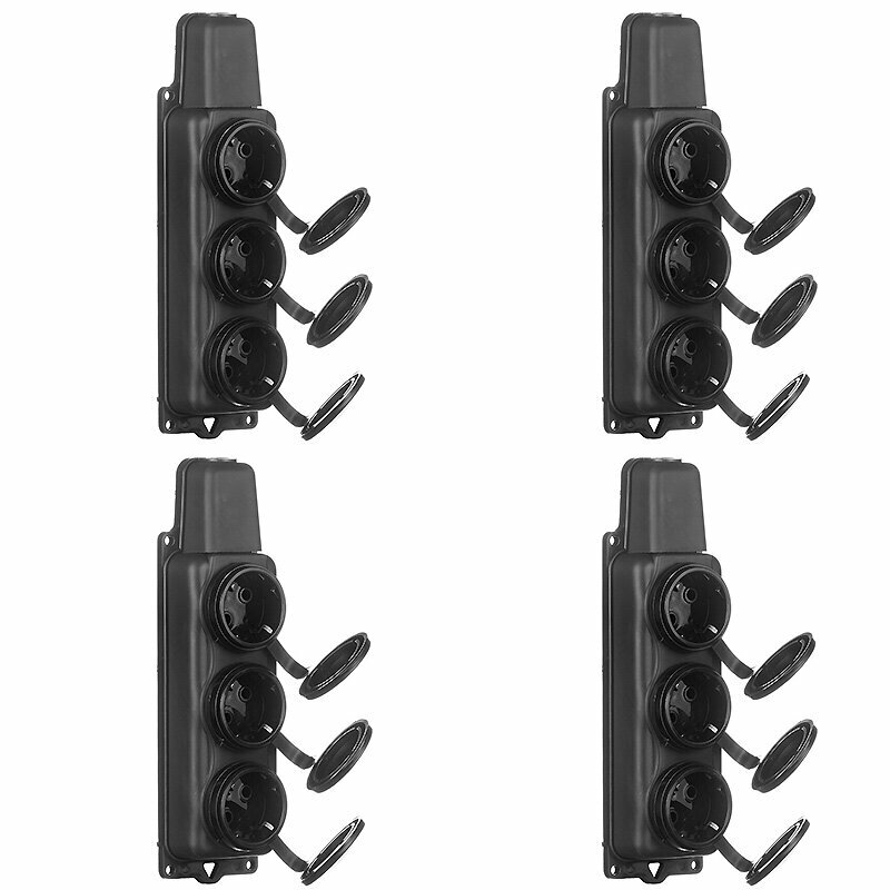 Розетка штепсельная тройная с заземлением IP44 настенная черная (4 шт.)