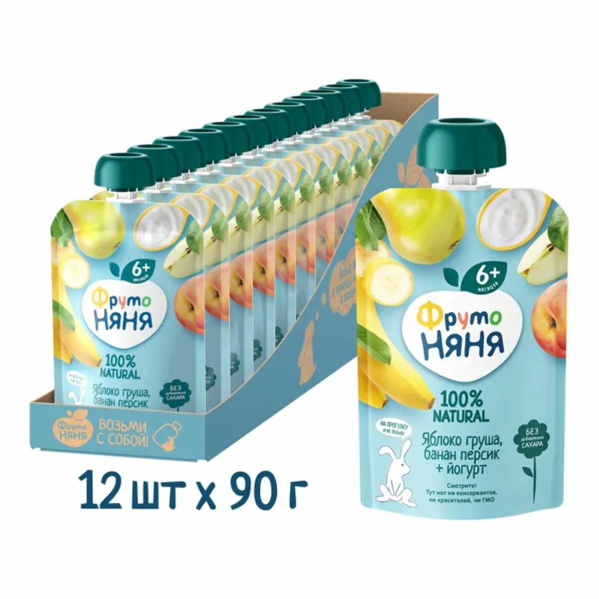 Пюре фруктовое ФрутоНяня с 6 месяцев, из яблок, груш, бананов, персиков и йогурта, 90 г, 12 шт